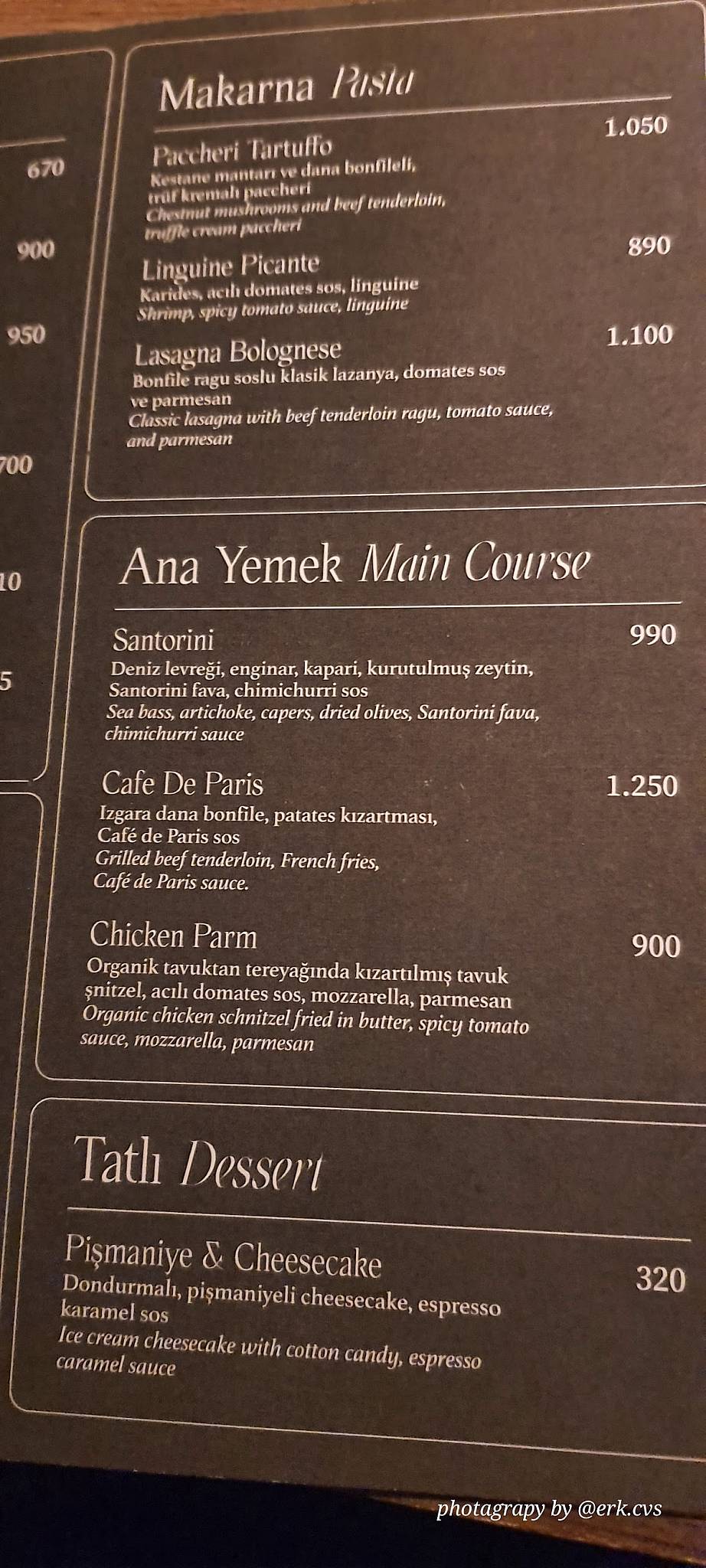 Menu at Korto Istanbul restaurant, Istanbul