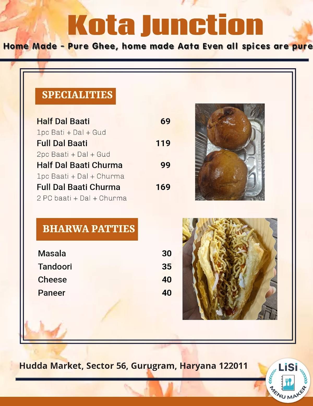 Menu at Kota Junction, Gurugram