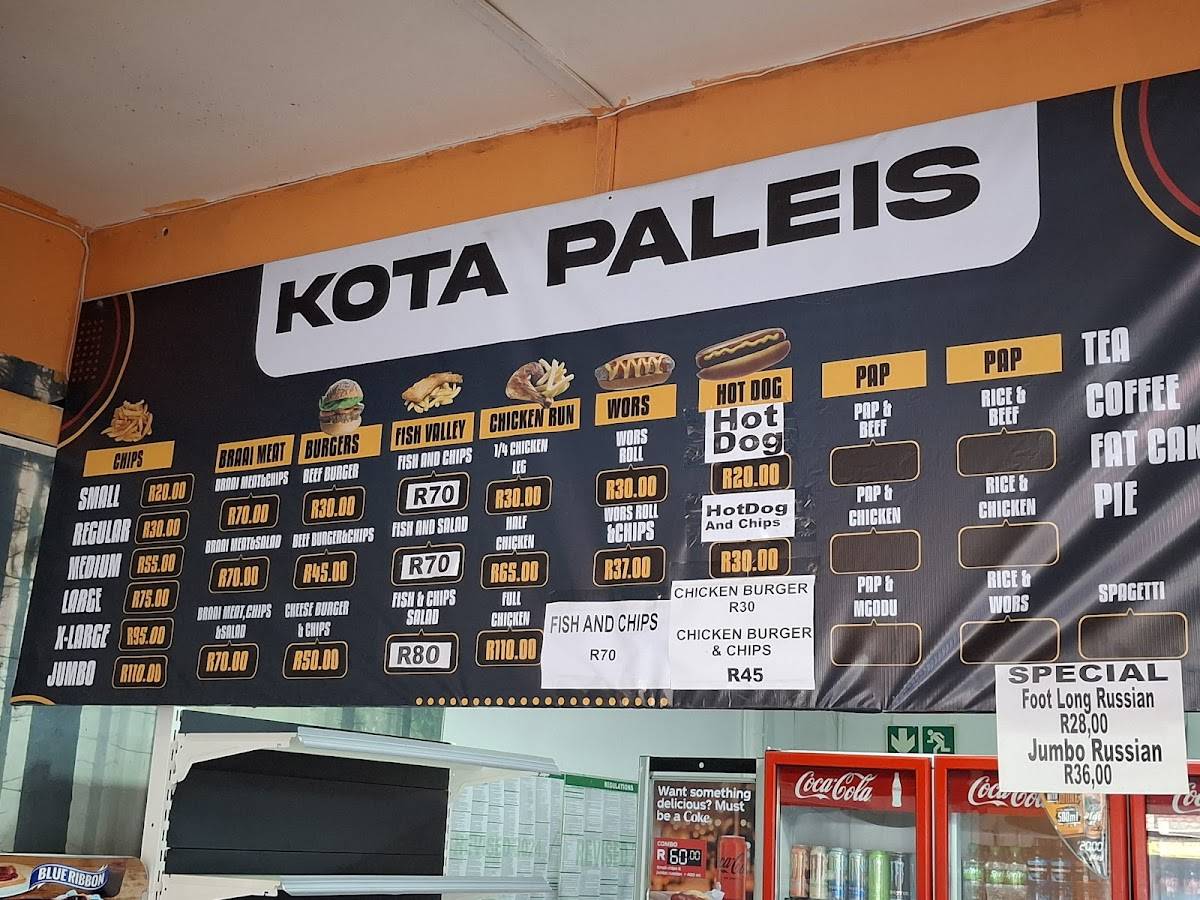 Menu at Kota Paleis restaurant, Johannesburg