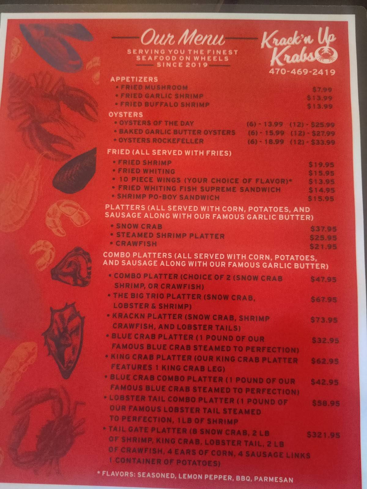 Menu at Krack'n Up Krabs restaurant, Fayetteville