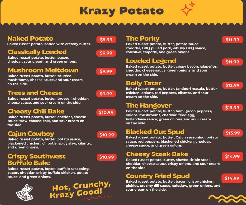 Menu at Krazy Potato restaurant, Moose Jaw