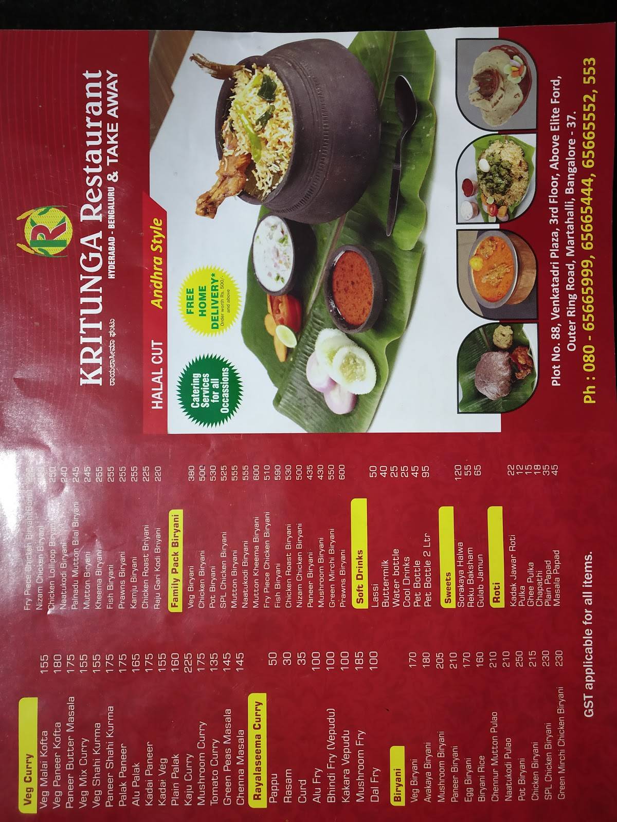 Menu at Kritunga Restaurant, Bengaluru, Venkatadri Plaza