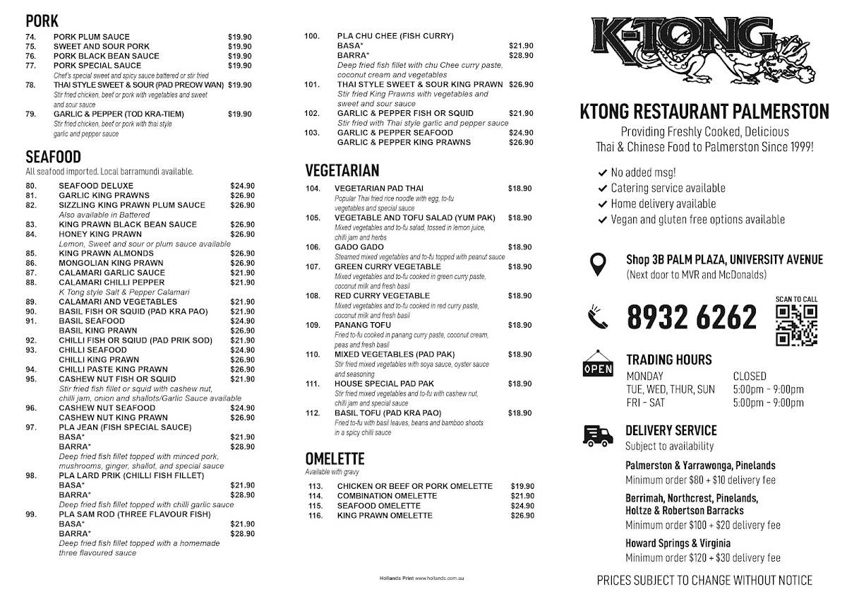Menu at Ktong restaurant, Palmerston City