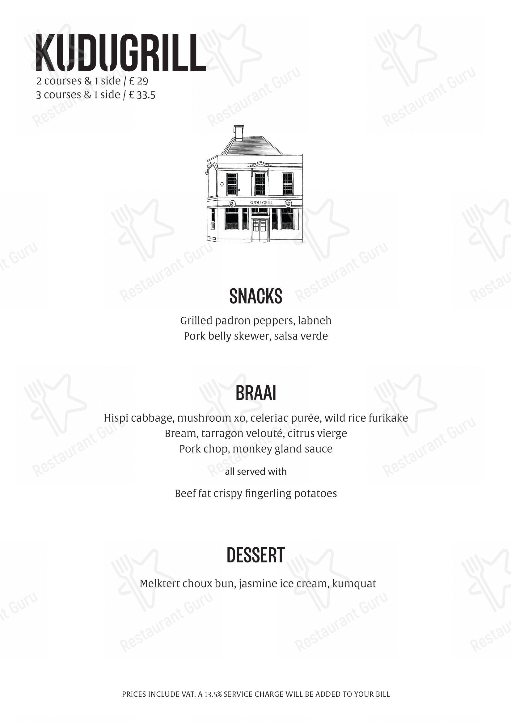 Menu at Kudu Grill restaurant, London