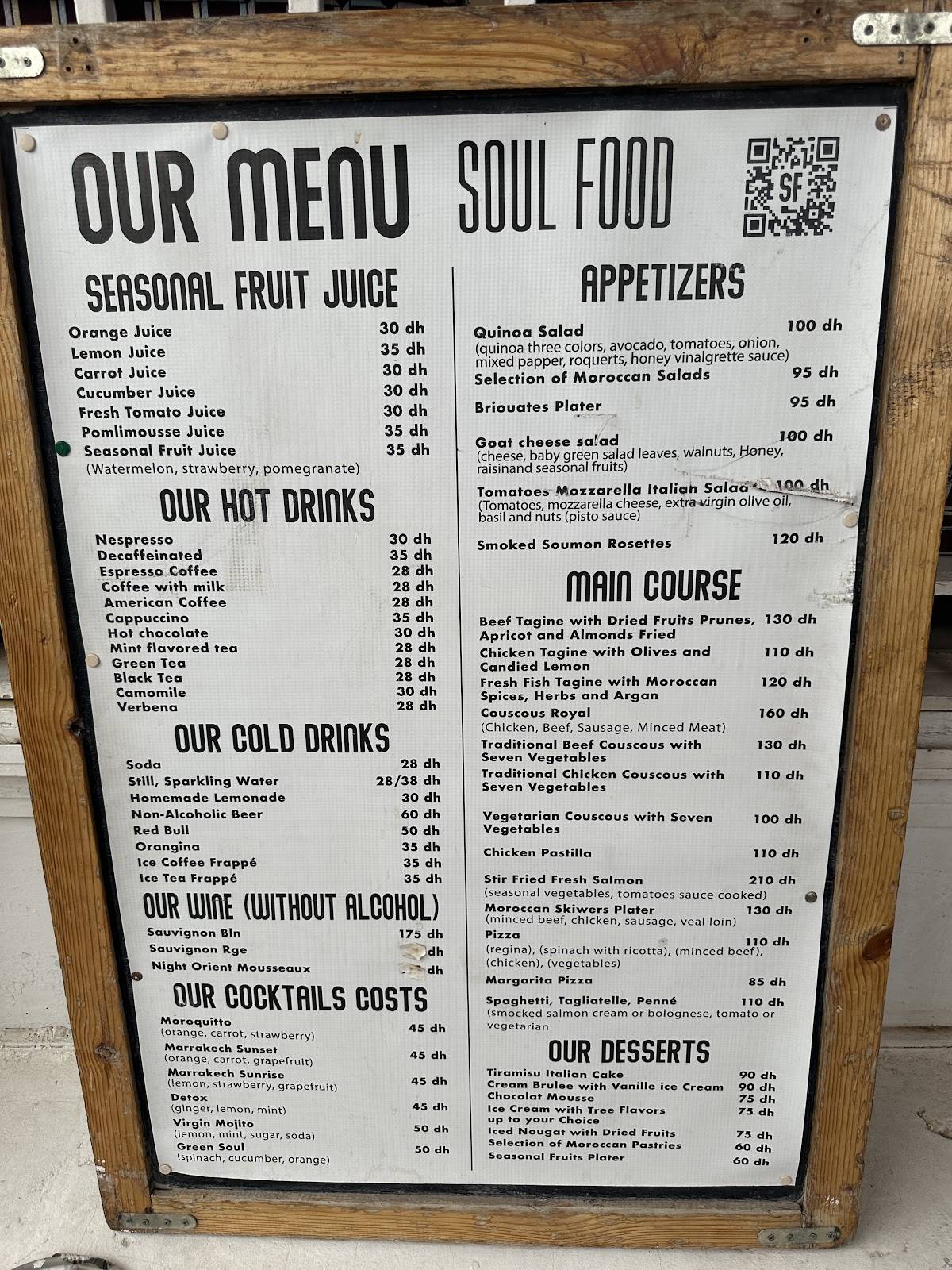 Carta del restaurante Kui-Zin, Marrakech
