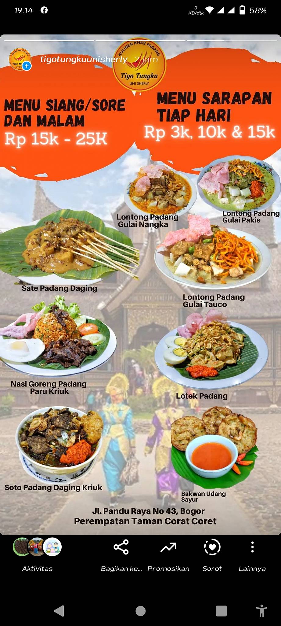 Carta del restaurante Kuliner Khas Padang Tigo Tungku Uni Sherly, Bogor
