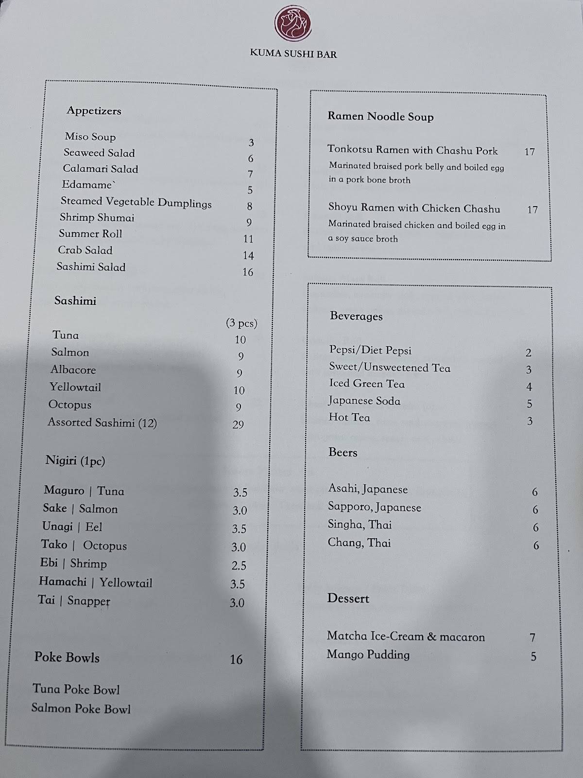 Menu at Kuma Sushi Bar, New Bern