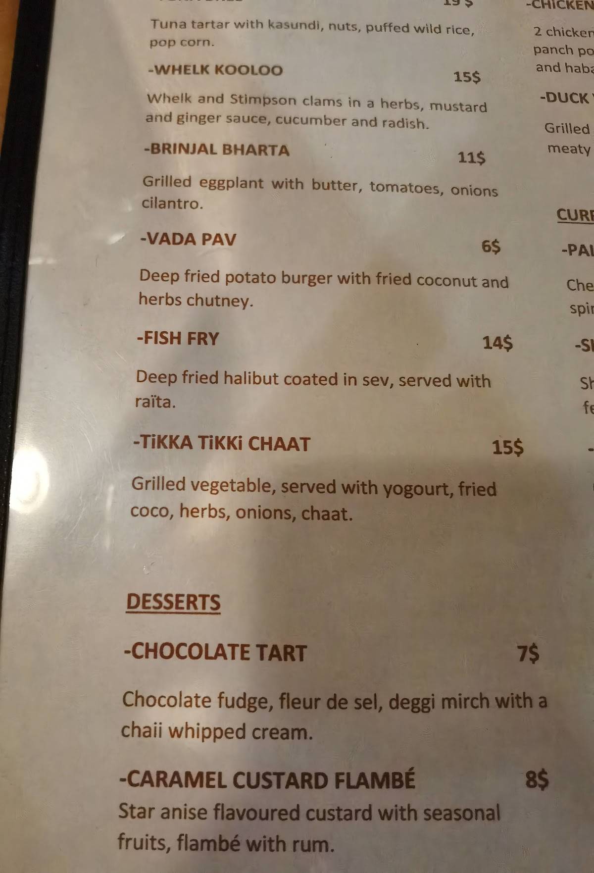 Menu au Kundah Hôtel restaurant, Québec