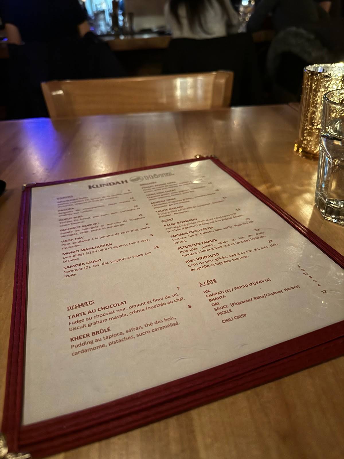 Menu au Kundah Hôtel restaurant, Québec