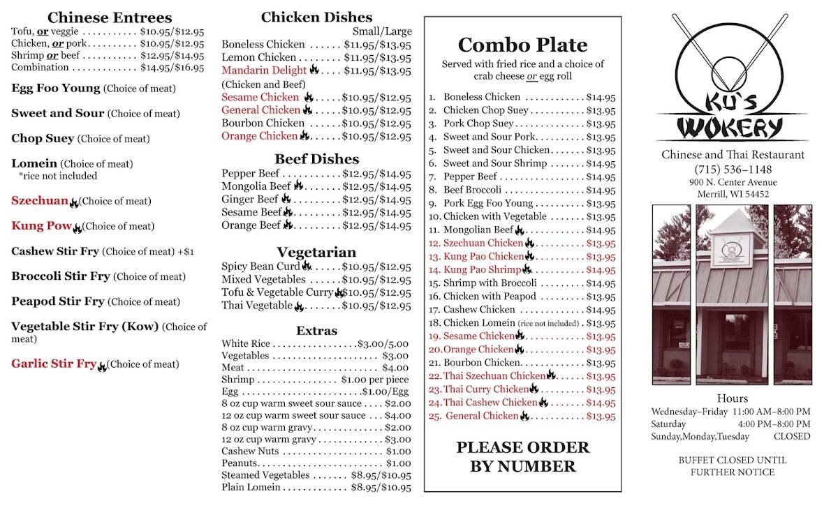 Menu at Ku's Wokery restaurant, Merrill