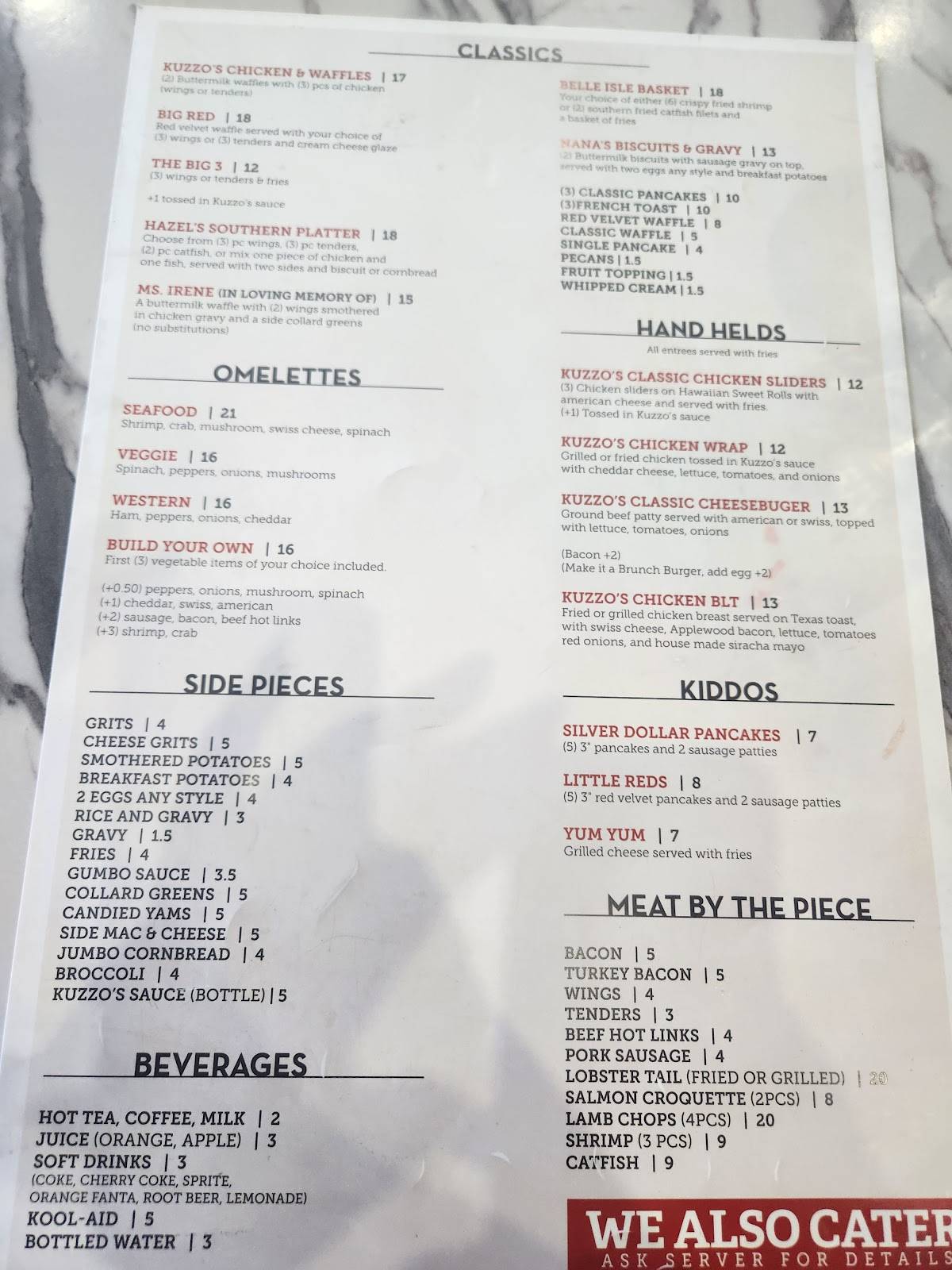 Menu at Kuzzo's Chicken & Waffles restaurant, Detroit