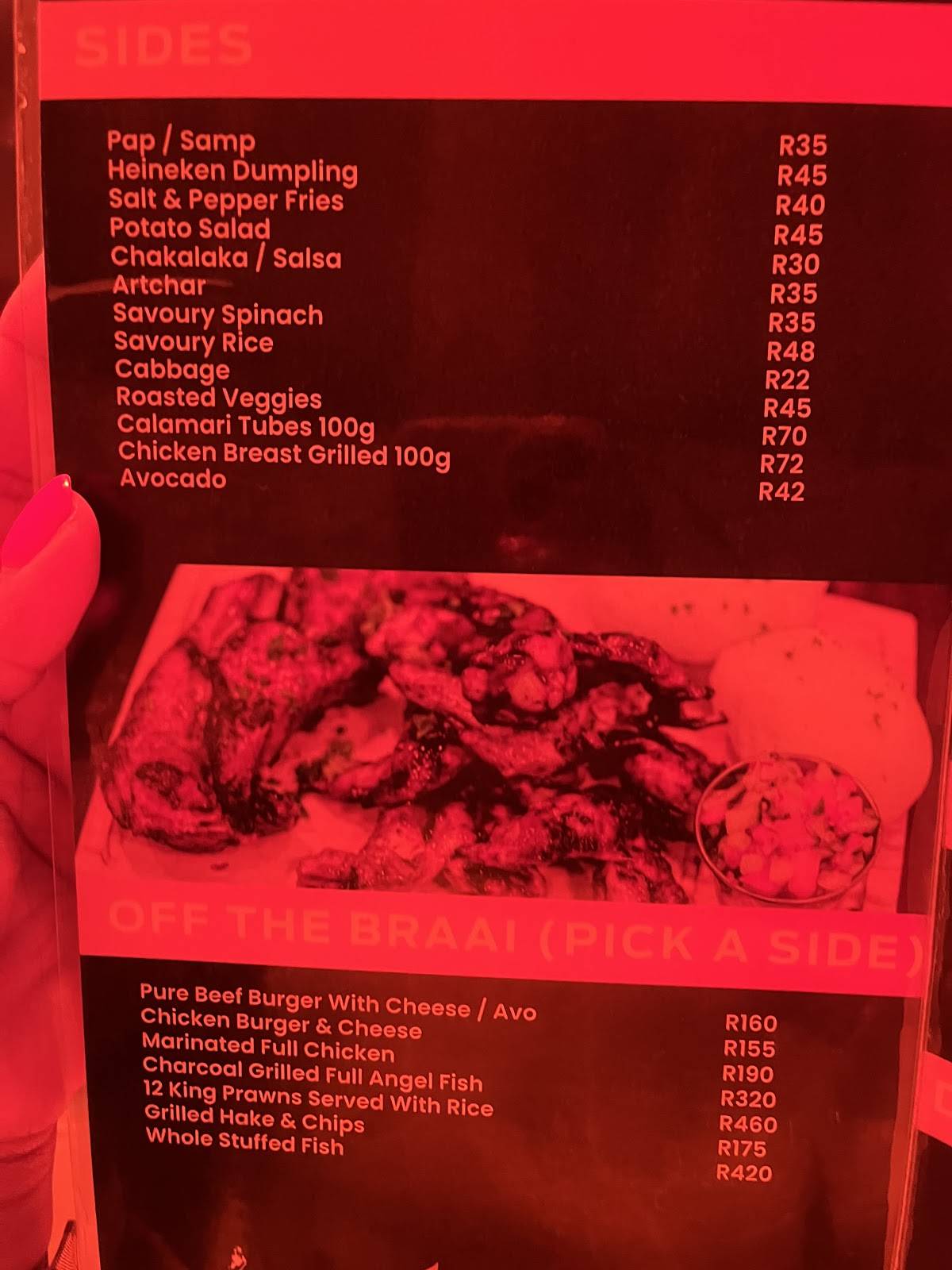 Menu at Kyalami Shisanyama restaurant, Randburg