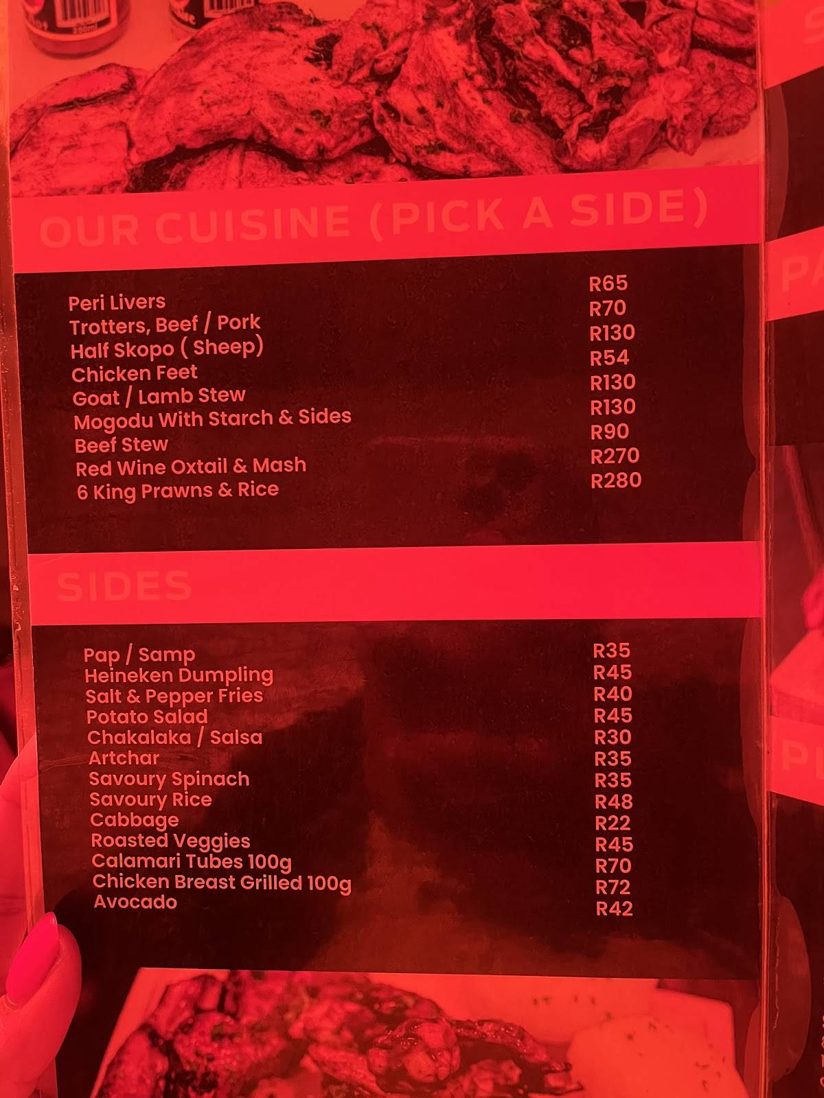 Menu at Kyalami Shisanyama restaurant, Randburg