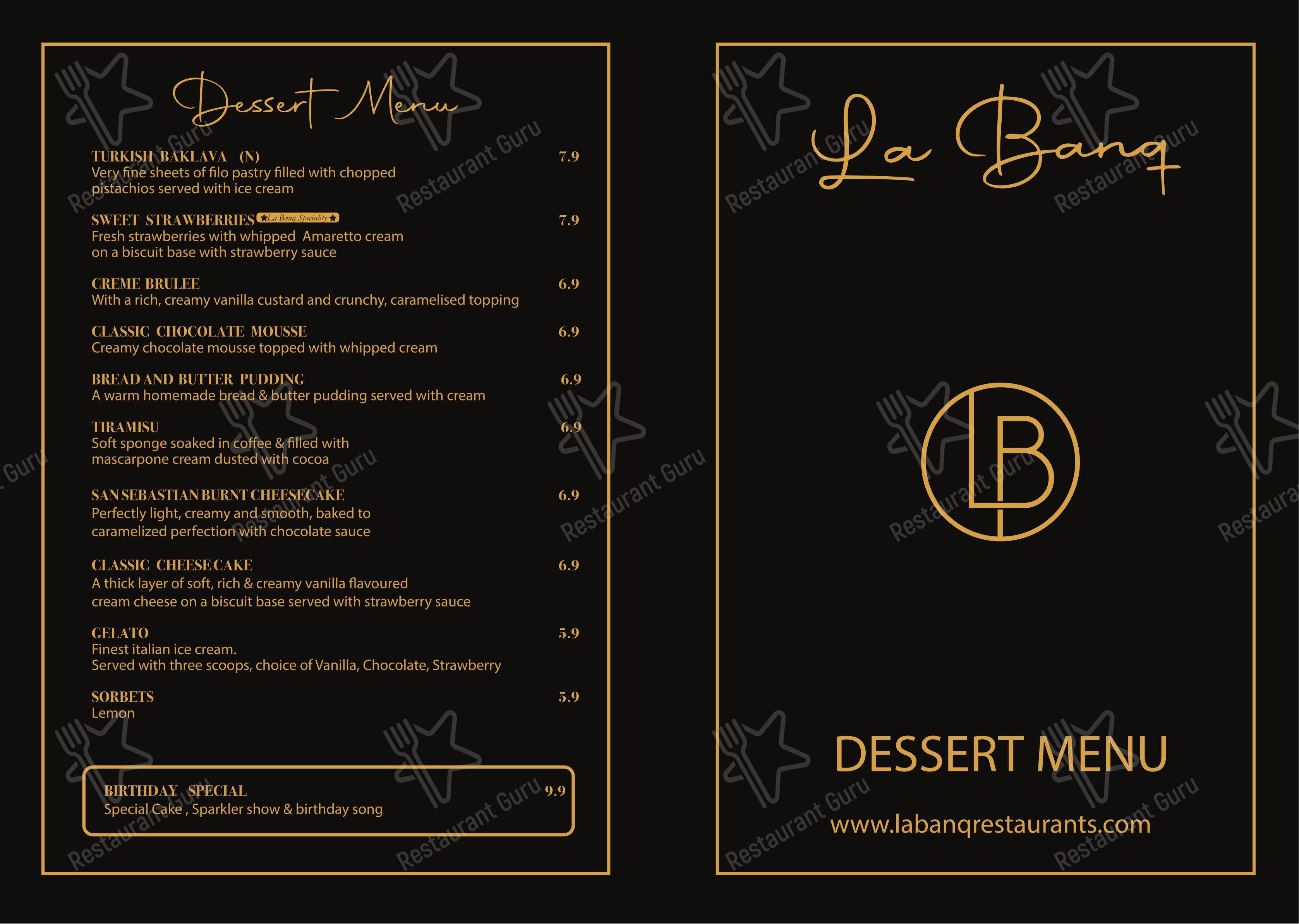 Menu at LA BANQ restaurant, Abbots Langley