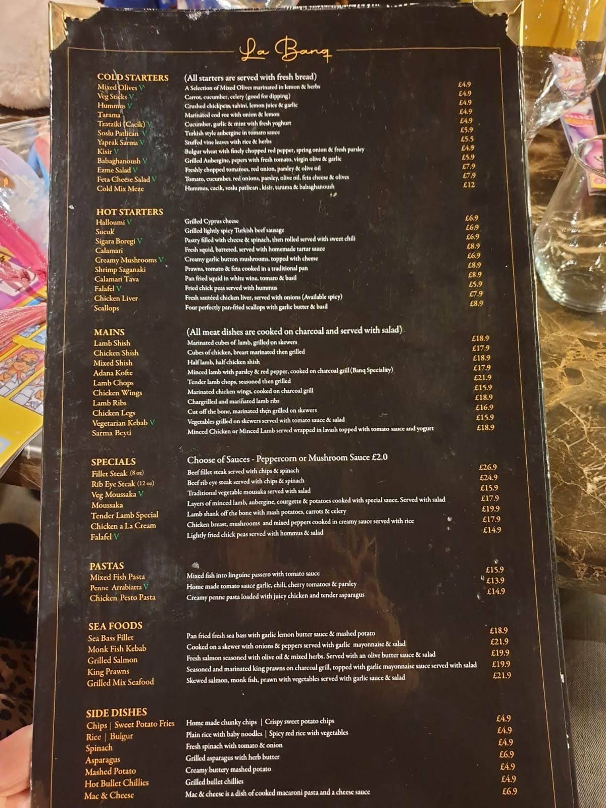 Menu at LA BANQ restaurant, Abbots Langley