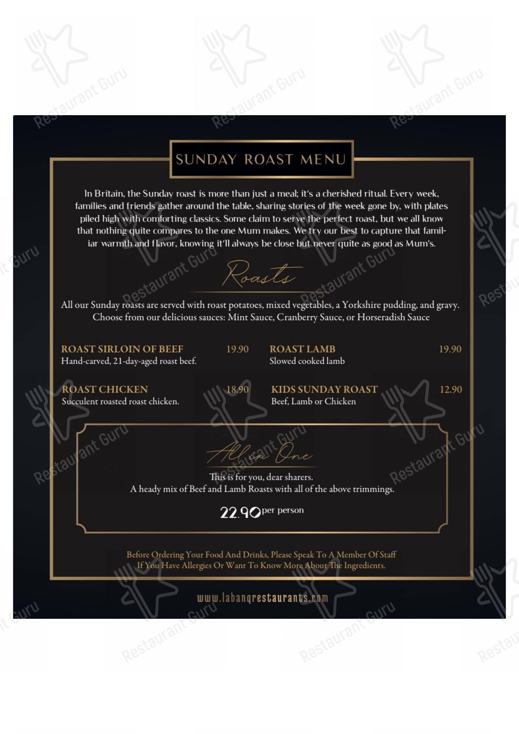 Menu at LA BANQ restaurant, Abbots Langley