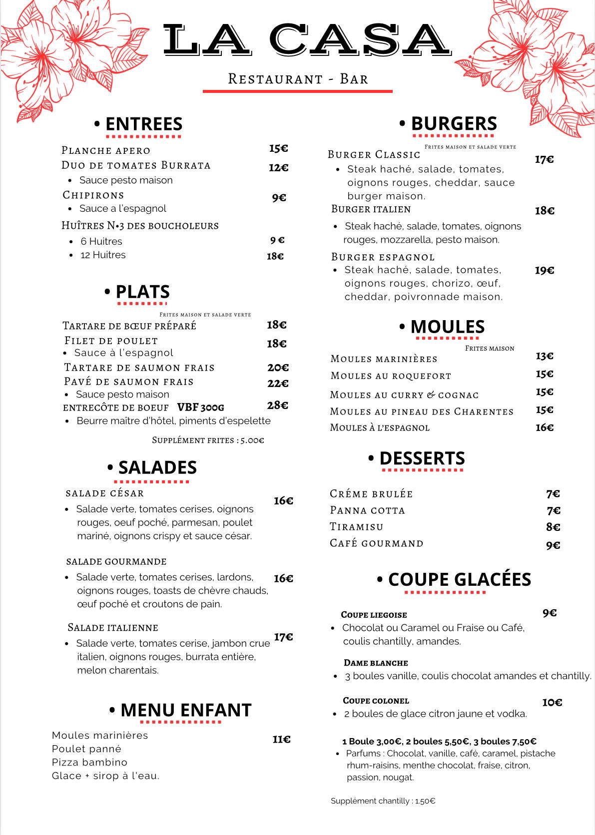 Menu au LA CASA restaurant, Châtelaillon-Plage