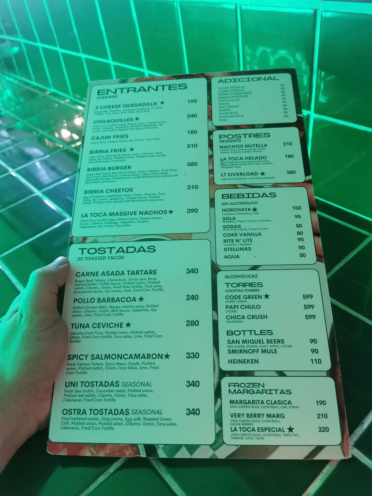 Menu at LA TOCA TAQUERIA restaurant, Manila