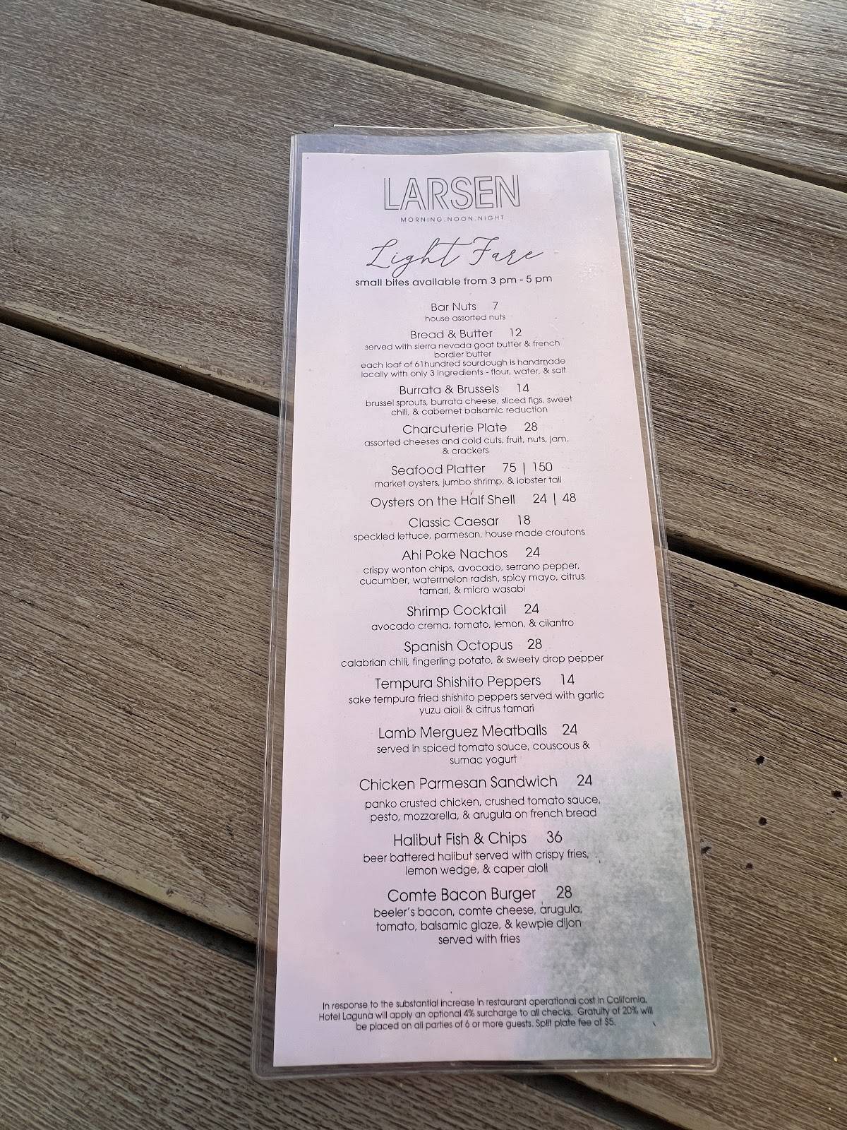 Menu at LARSEN pub & bar, Laguna Beach