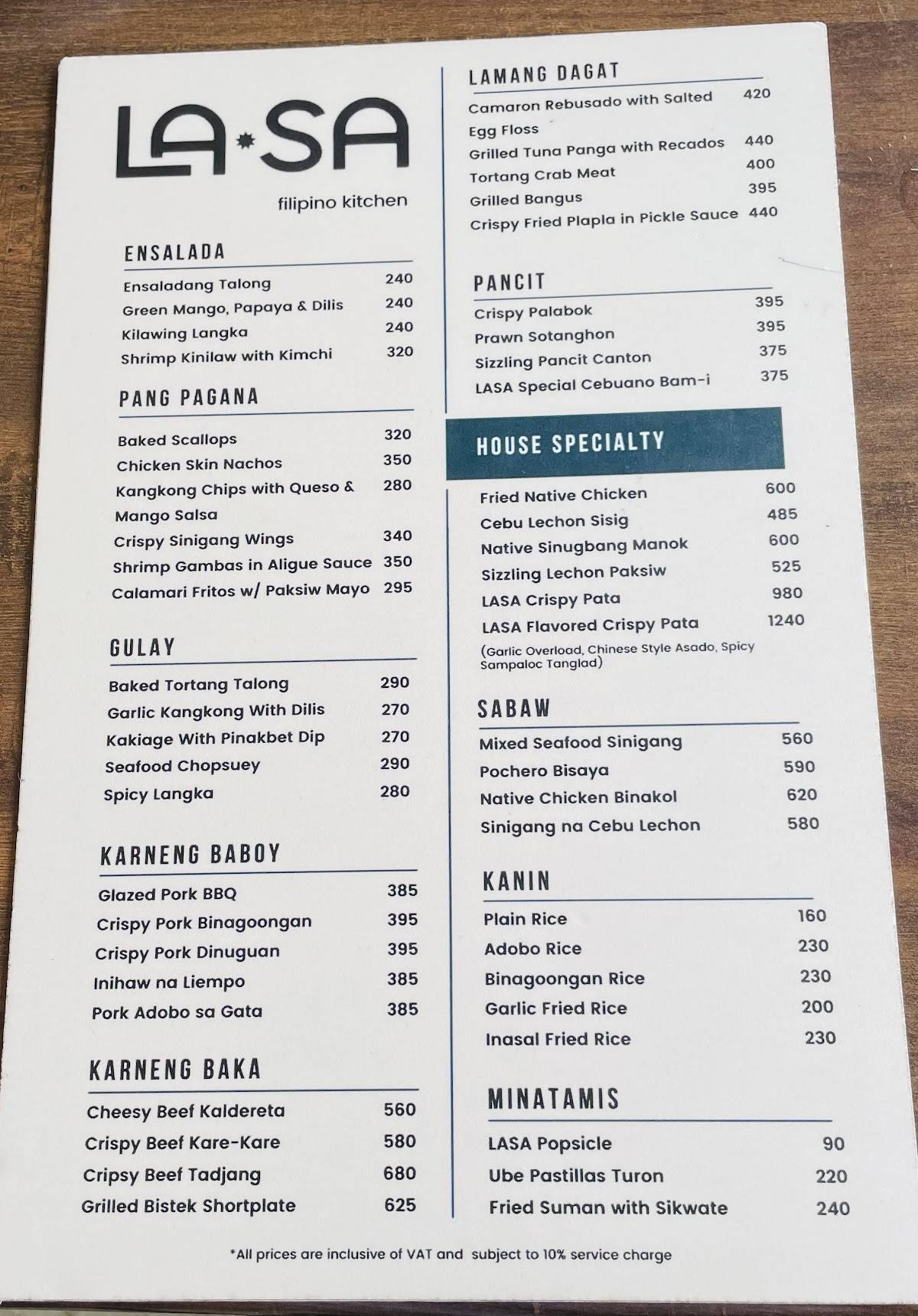 Menu at LASA BUSAY Modern Filipino Food restaurant, Cebu City