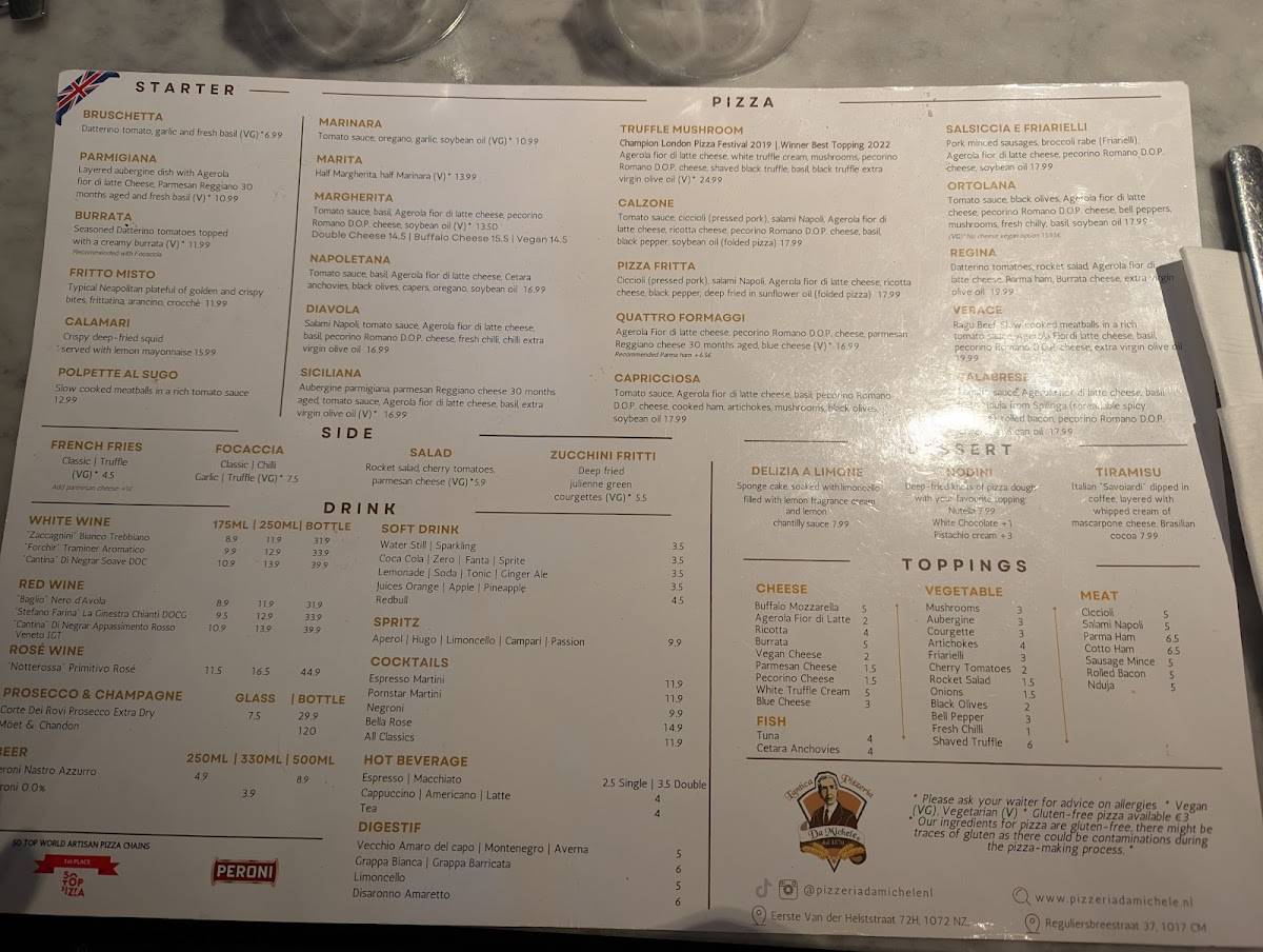 Speisekarte von L'Antica Pizzeria da Michele, Amsterdam
