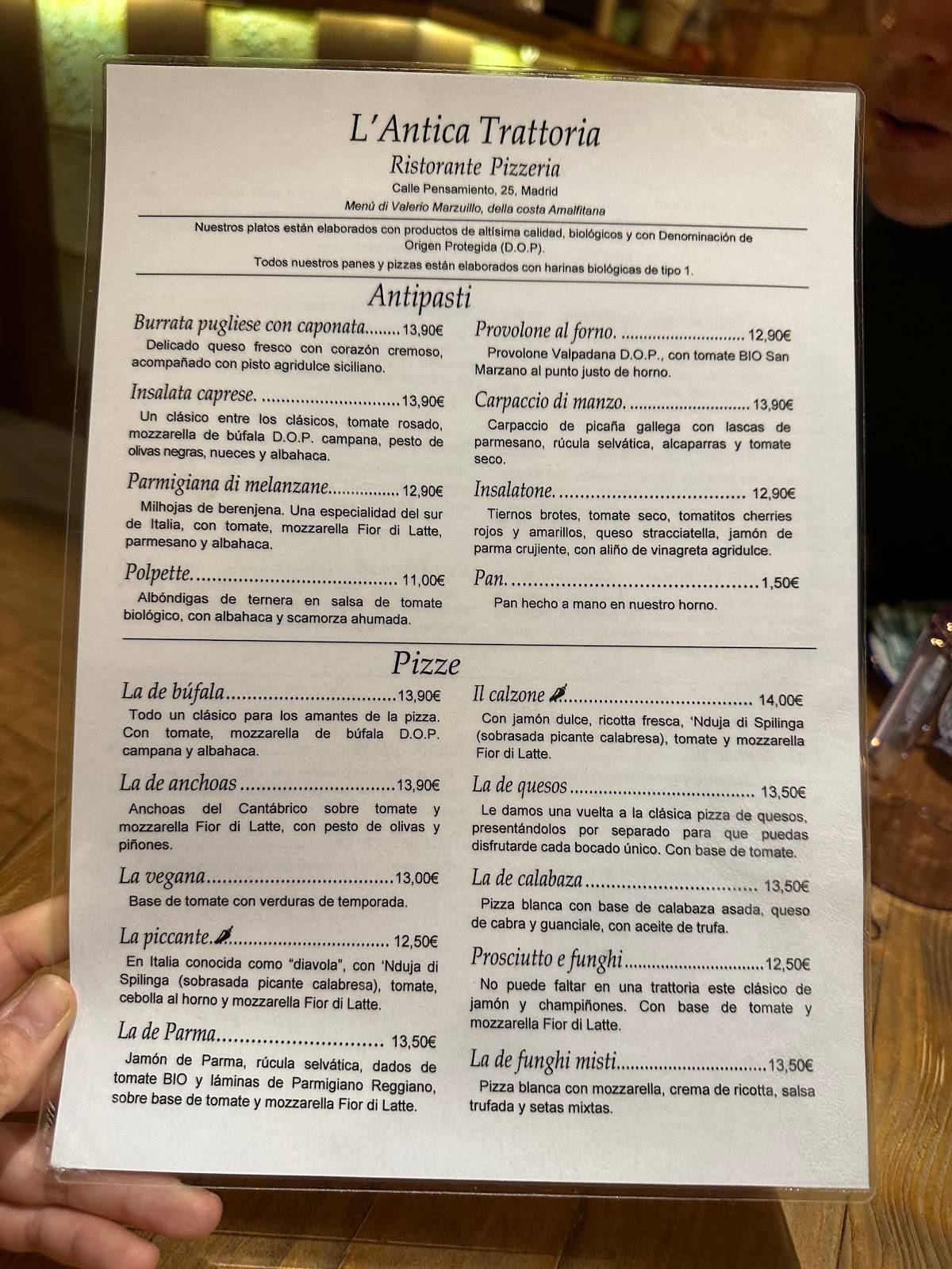 Carta del restaurante L'Antica Trattoria, Madrid