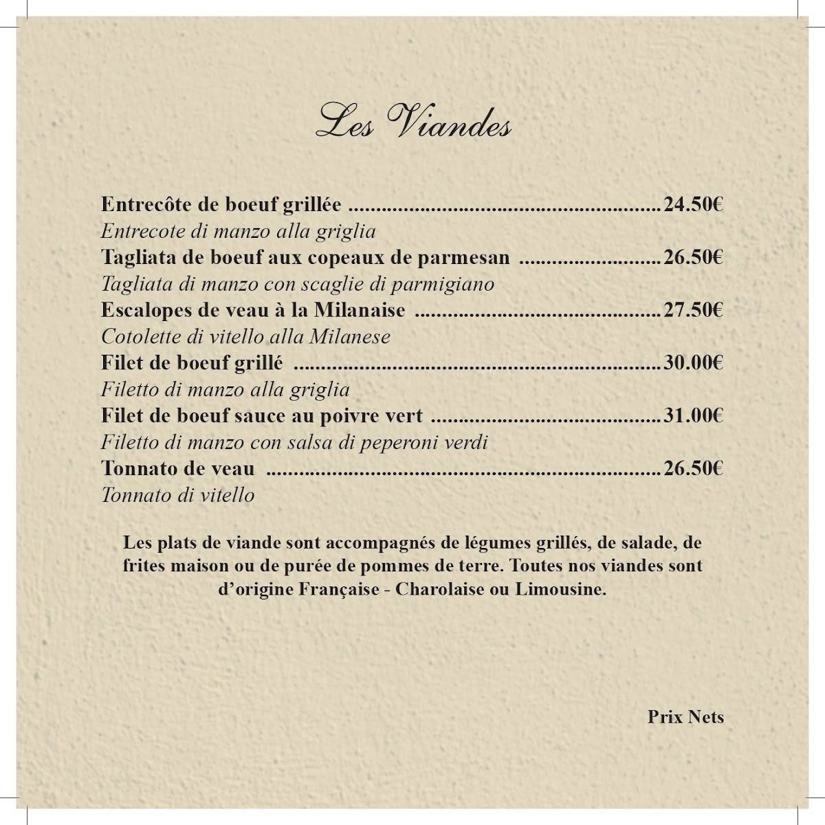 Menu at L'Antica Trattoria restaurant, Nice
