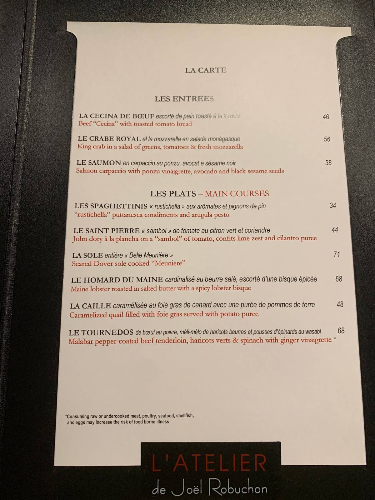 Menu at L'Atelier restaurant, Las Vegas