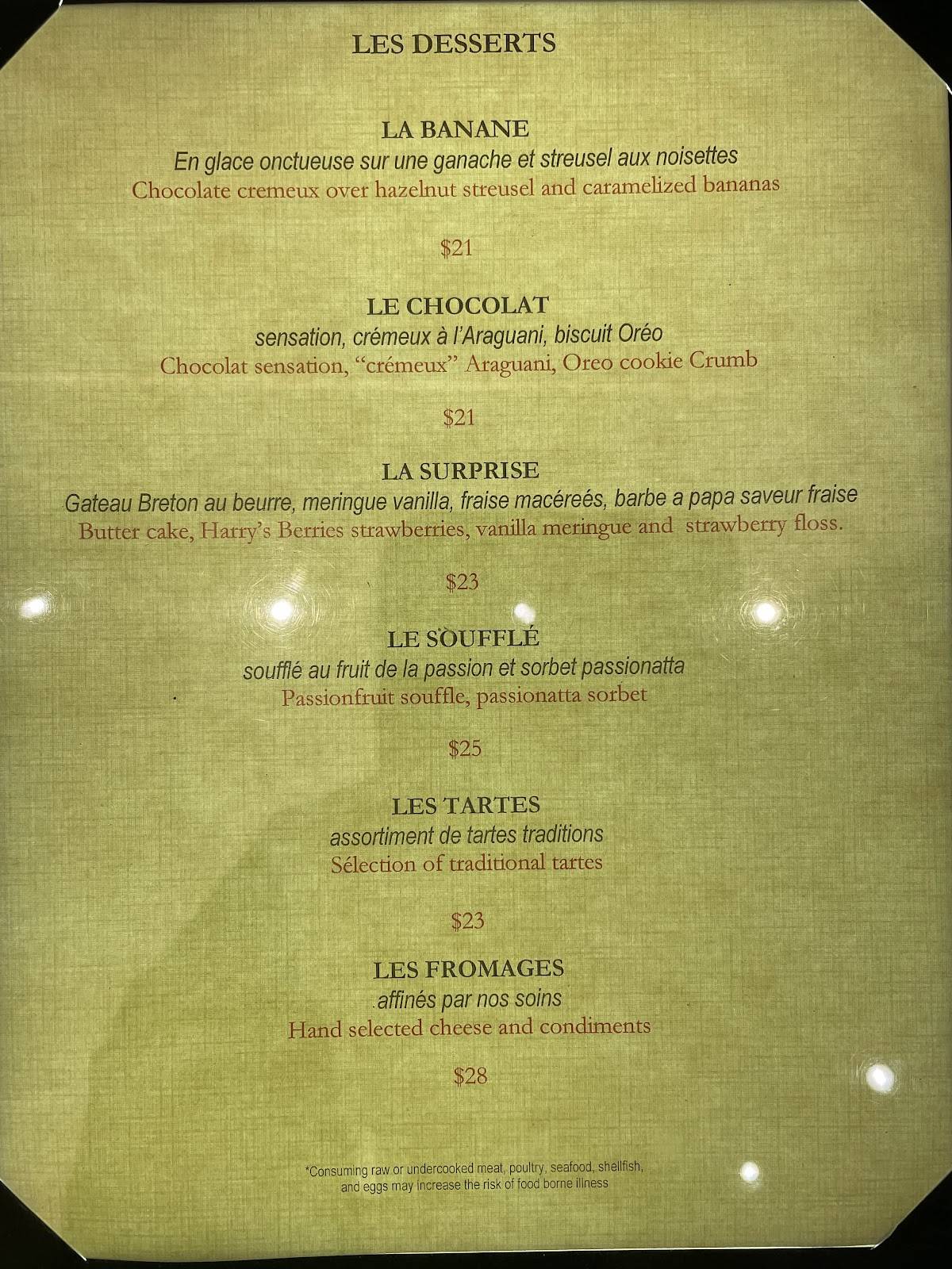 Menu at L'Atelier restaurant, Las Vegas