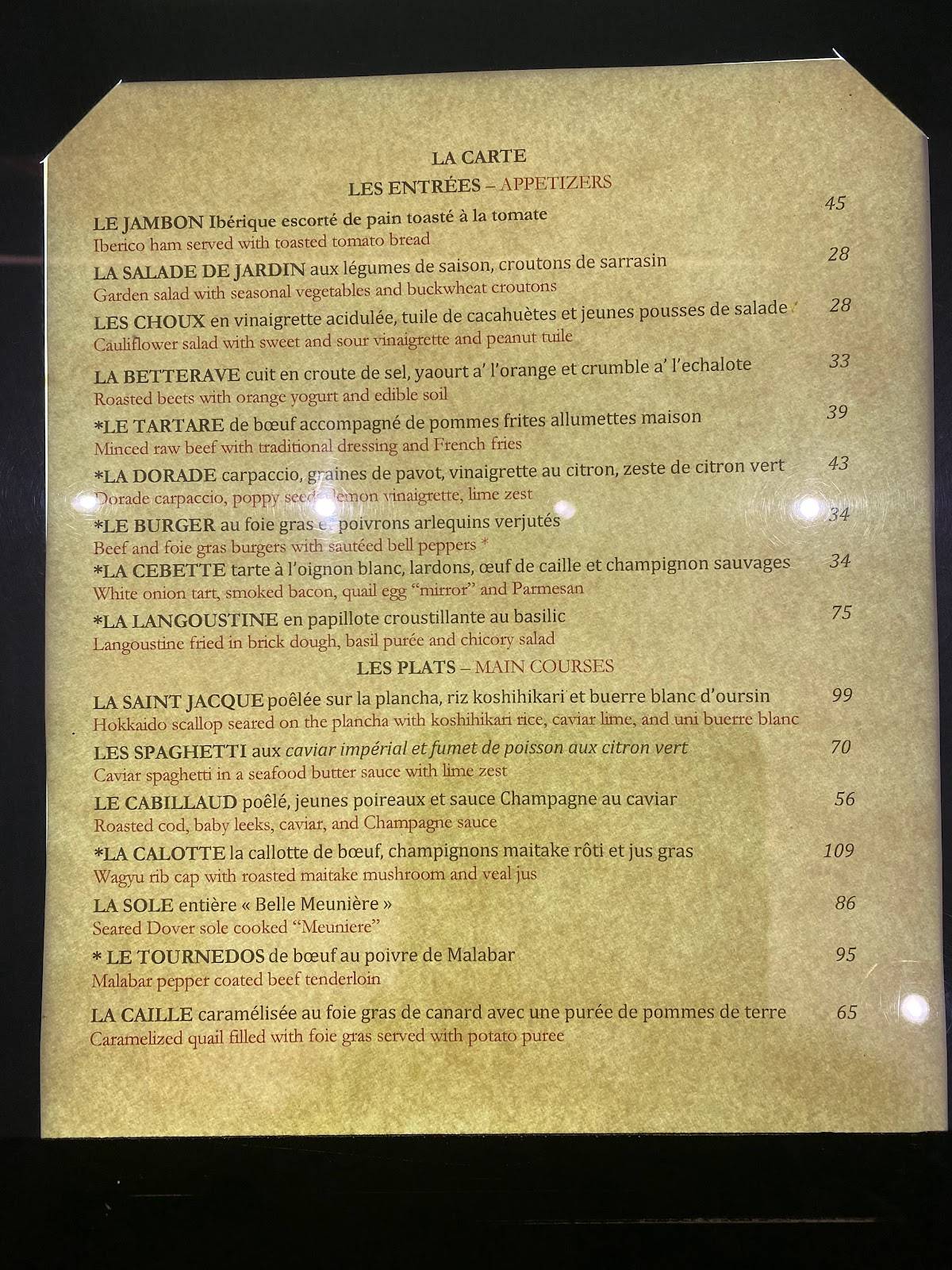Menu at L'Atelier restaurant, Las Vegas