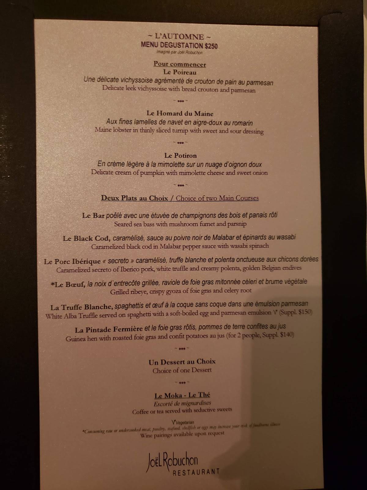 Menu at L'Atelier restaurant, Las Vegas