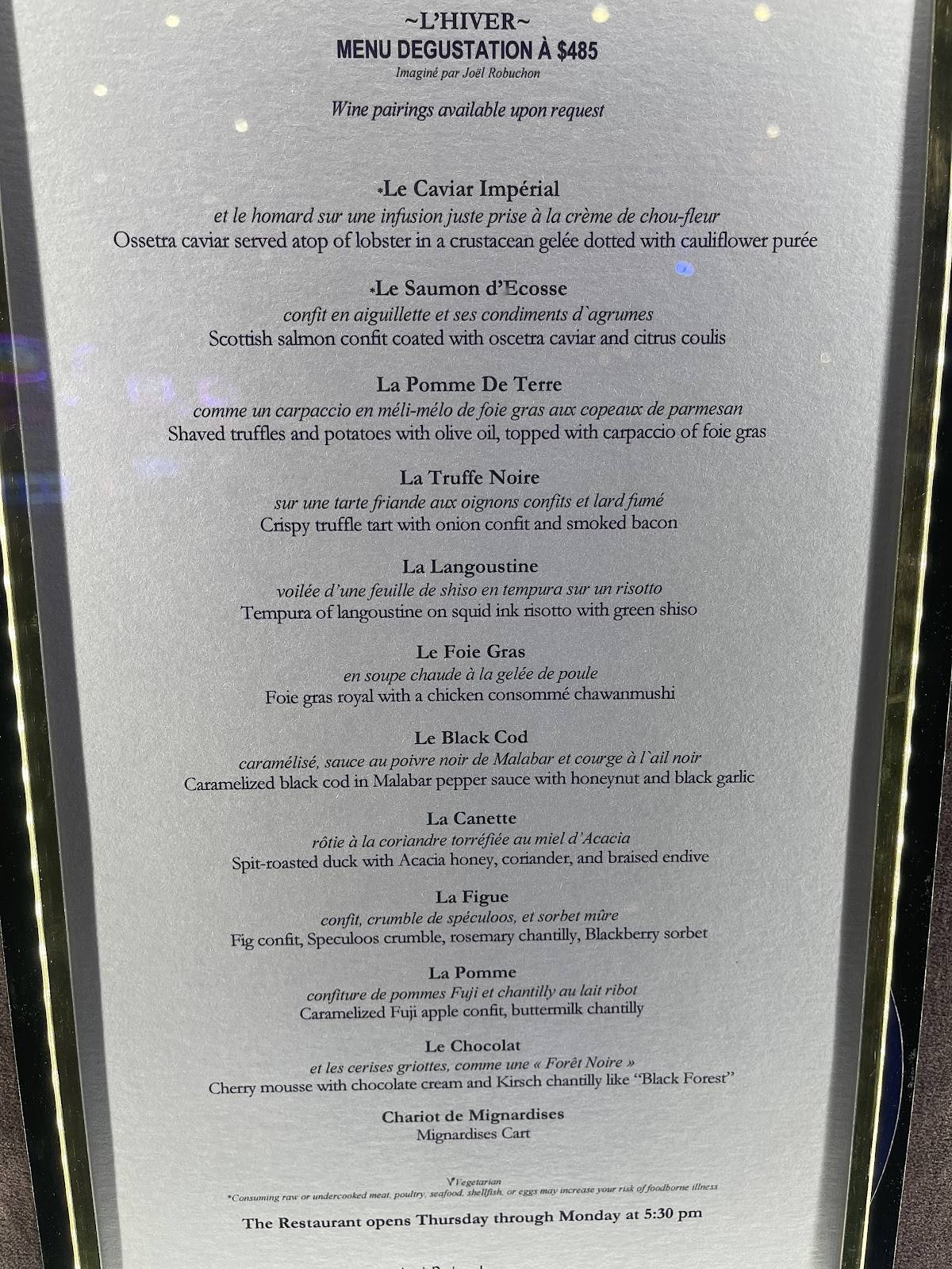 Menu at L'Atelier restaurant, Las Vegas
