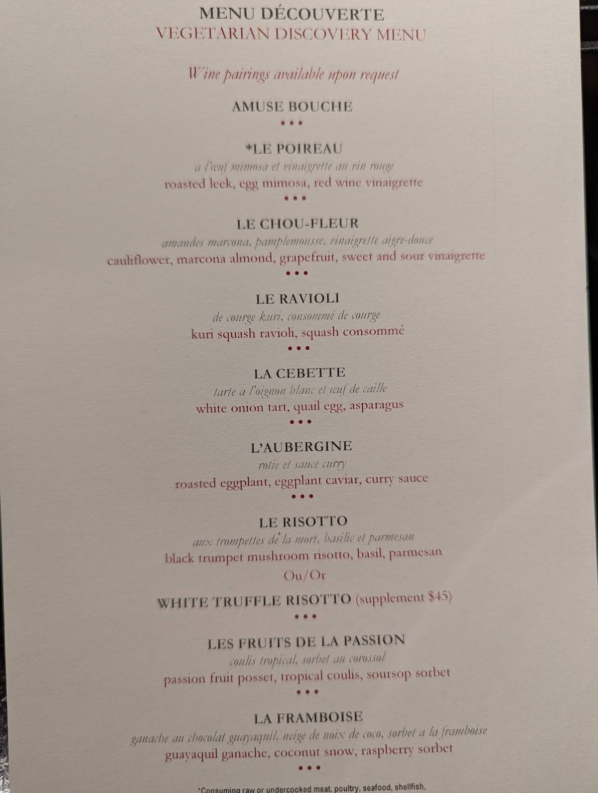 Menu at L'Atelier restaurant, Las Vegas