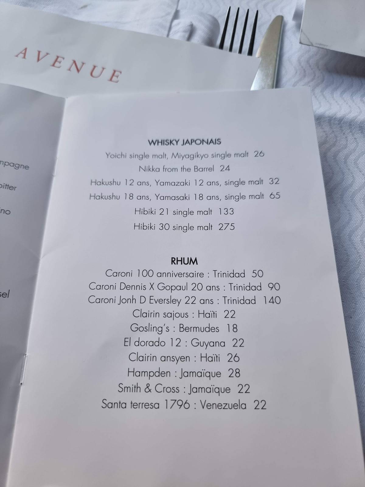 Menu at L'Avenue restaurant, Paris, 41 Av. Montaigne