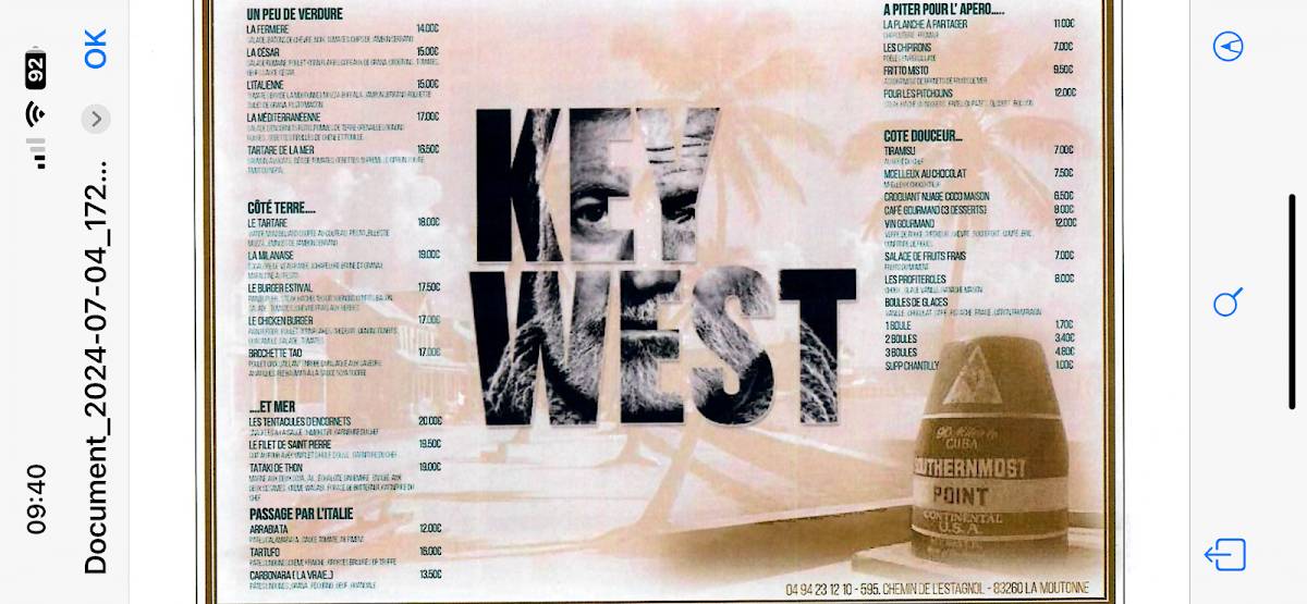 Menu au LE KEY WEST restaurant, La Crau