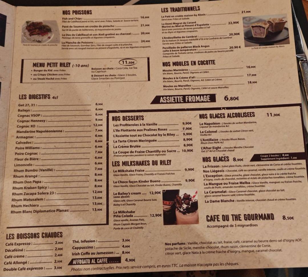 Menu au LE RILEY restaurant, Raillencourt-Sainte-Olle