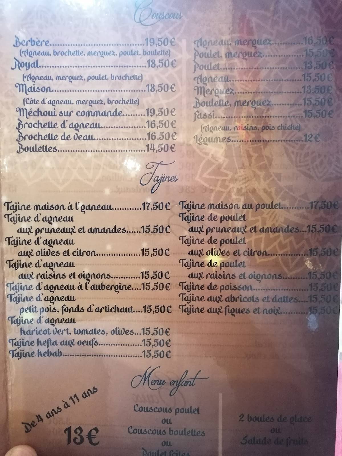 Menu at LE ROYAL COUSCOUS restaurant, Avallon