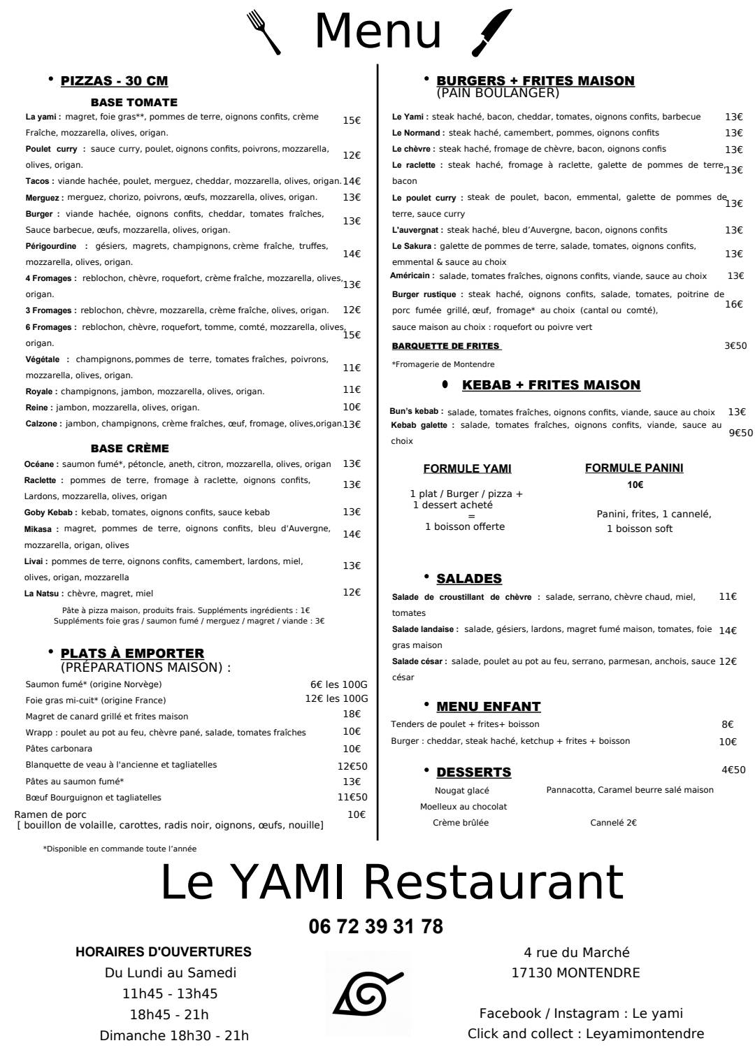 Menu au LE YAMI restaurant, Montendre
