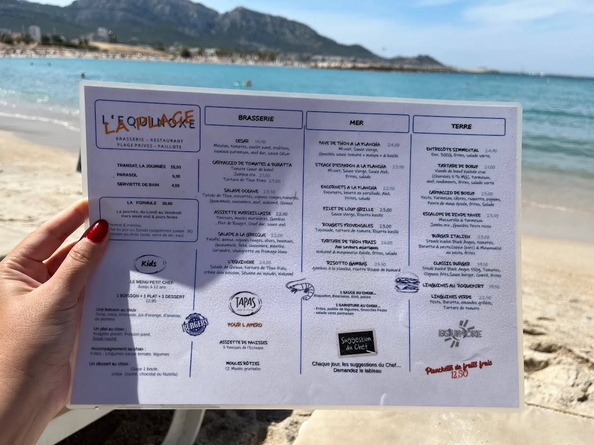 Menu au L'EQUINOXE BEACH - Plage Privée restaurant, Marseille, Escale ...