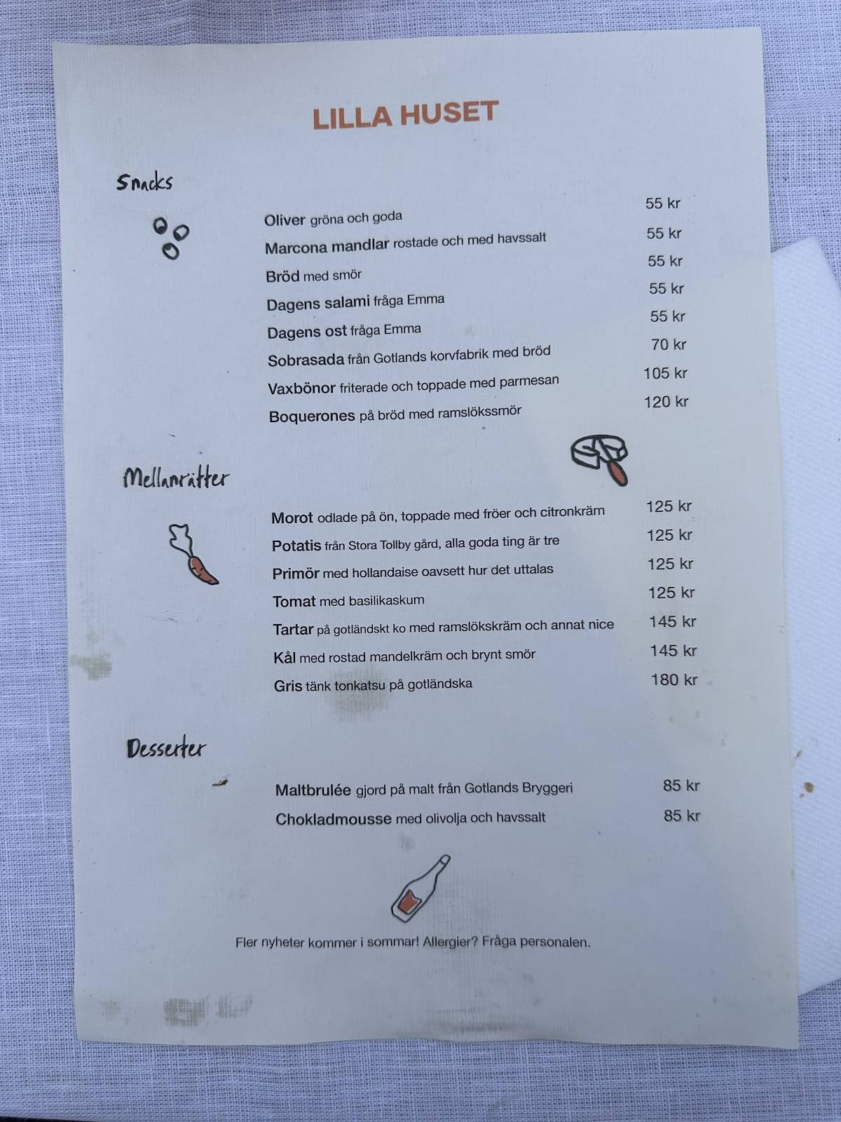 Menu at LILLA HUSET restaurant, Visby
