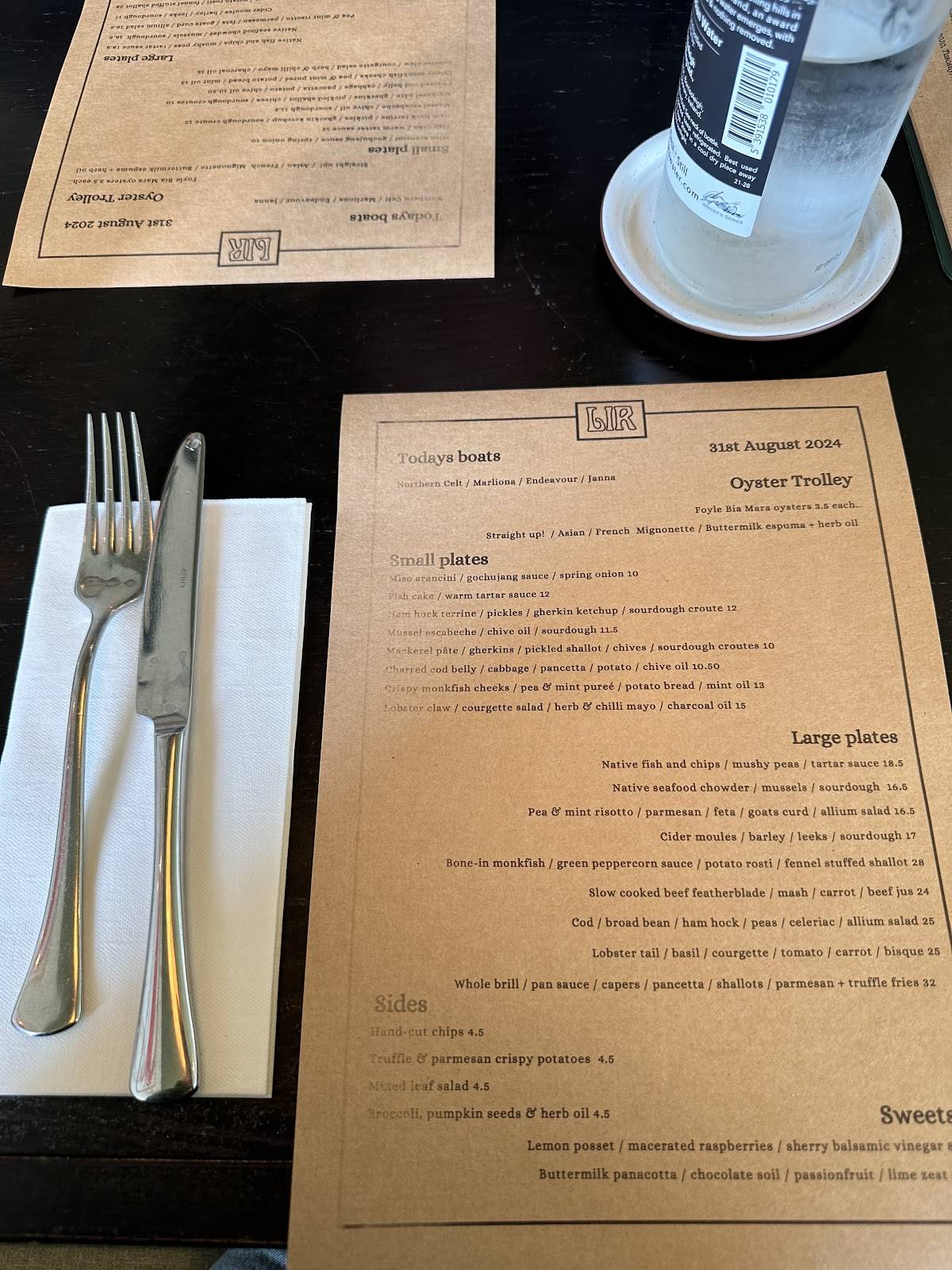 Menu at LIR restaurant, Coleraine
