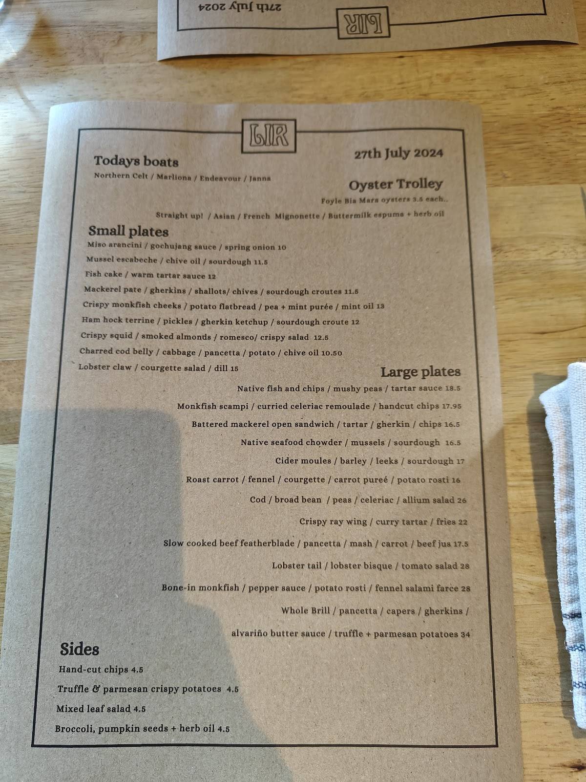 Menu at LIR restaurant, Coleraine