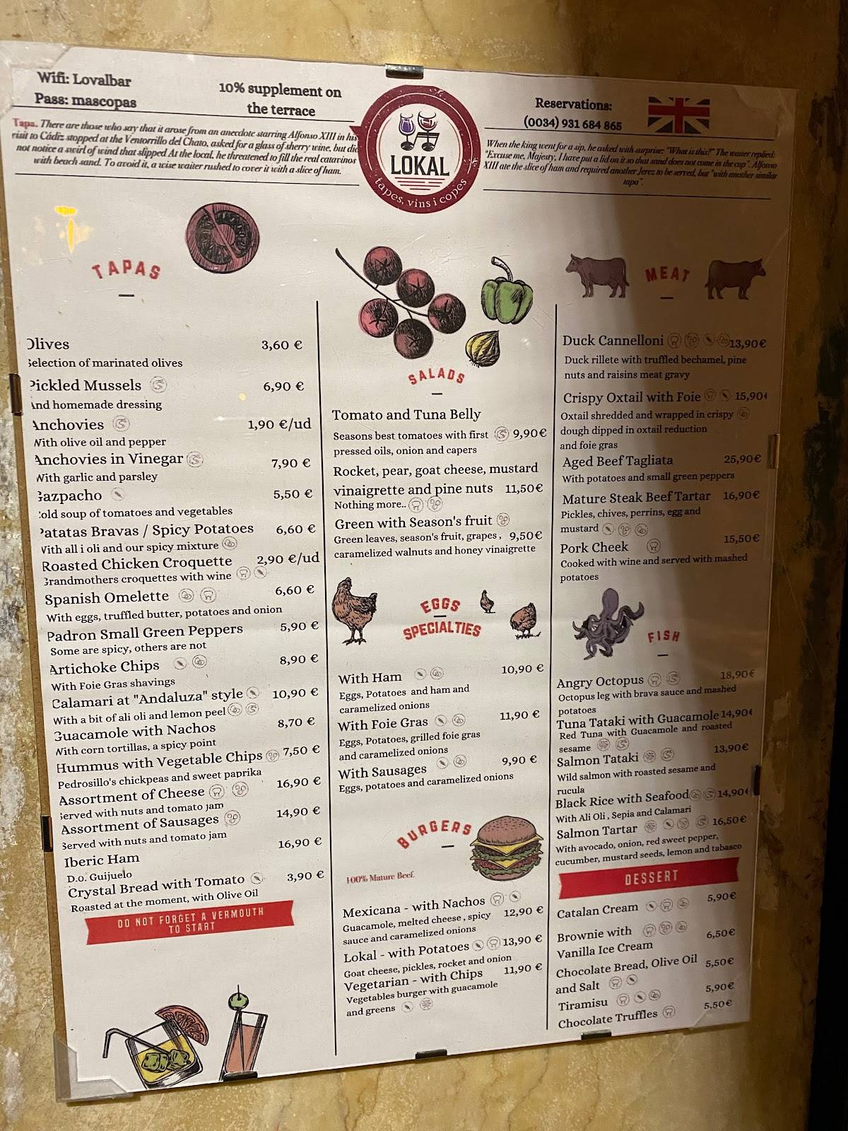 Menu at LOKAL BAR, Barcelona, C/ del Bruc