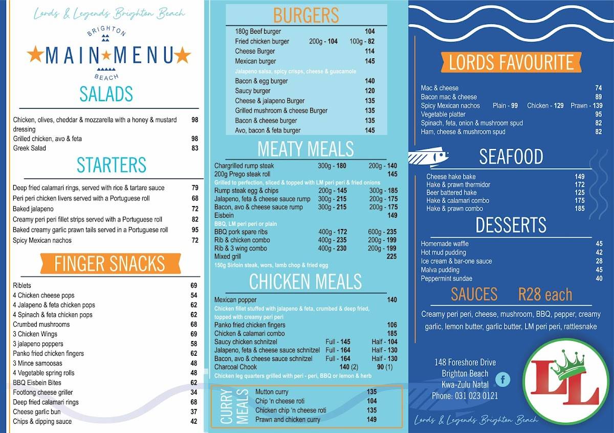 Menu at LORDS & LEGENDS SPORTS CAFE BRIGHTON BEACH, Durban