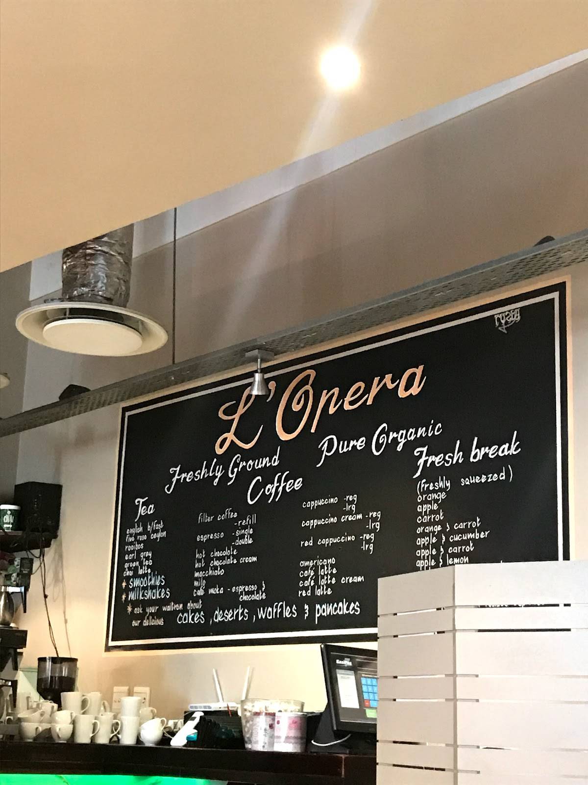Menu at L'Opera cafe, Knysna, Shop 7