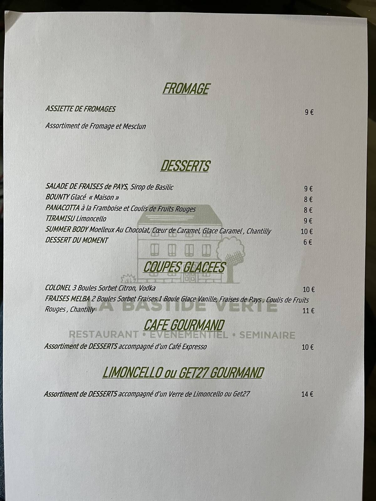Menu au La Bastide Verte restaurant, La Garde