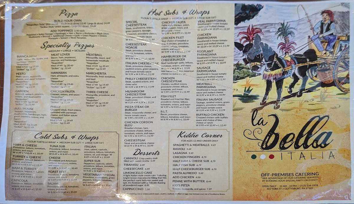 Menu at La Bella Italia pizzeria, Gettysburg