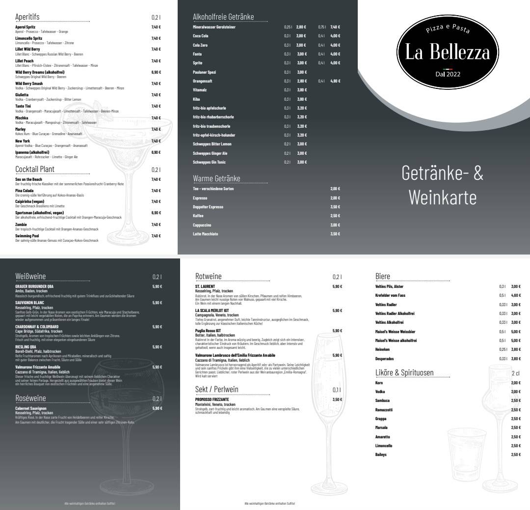 Menu at La Bellezza restaurant, Fürstenau