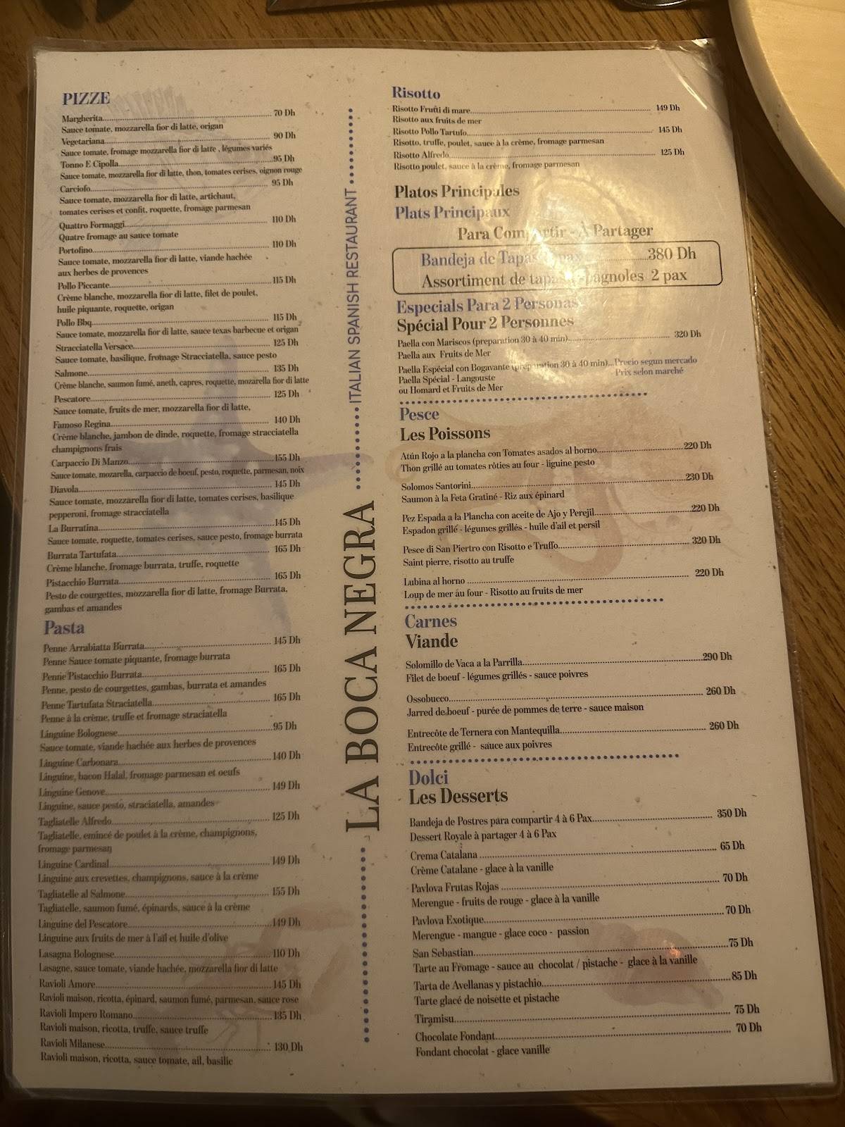 Menu au La Boca Negra restaurant, Tanger
