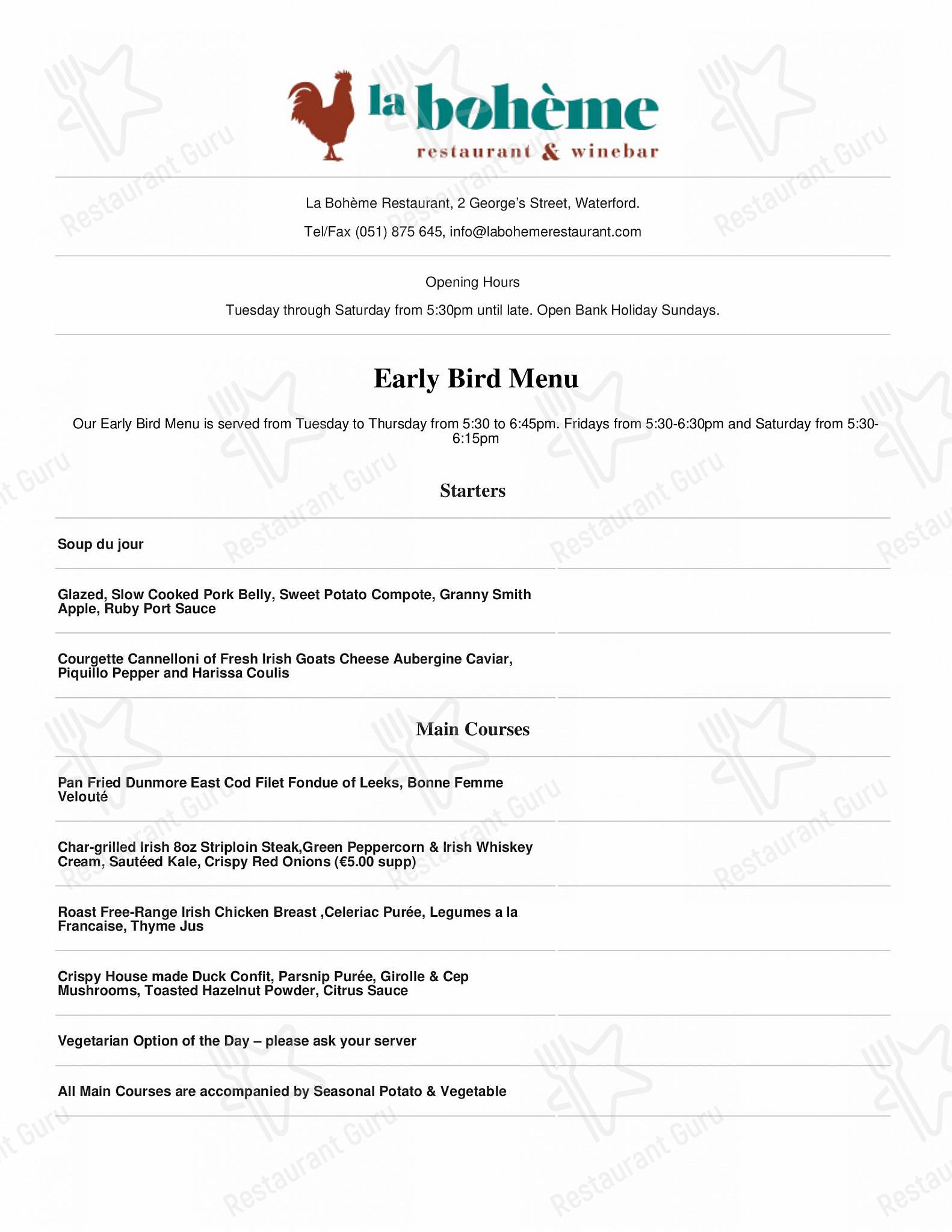 Menu at La Boheme Restaurant, Waterford, 2 George's Street
